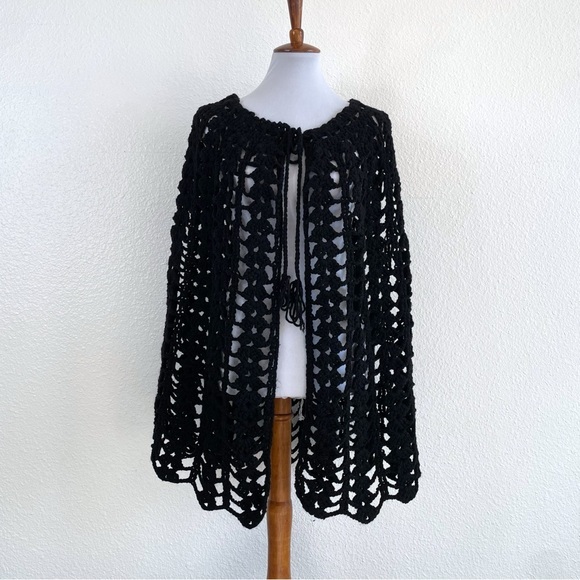 Sweaters | Handmade Crochet Shawl Black Open Knit Cover Up Poncho ...